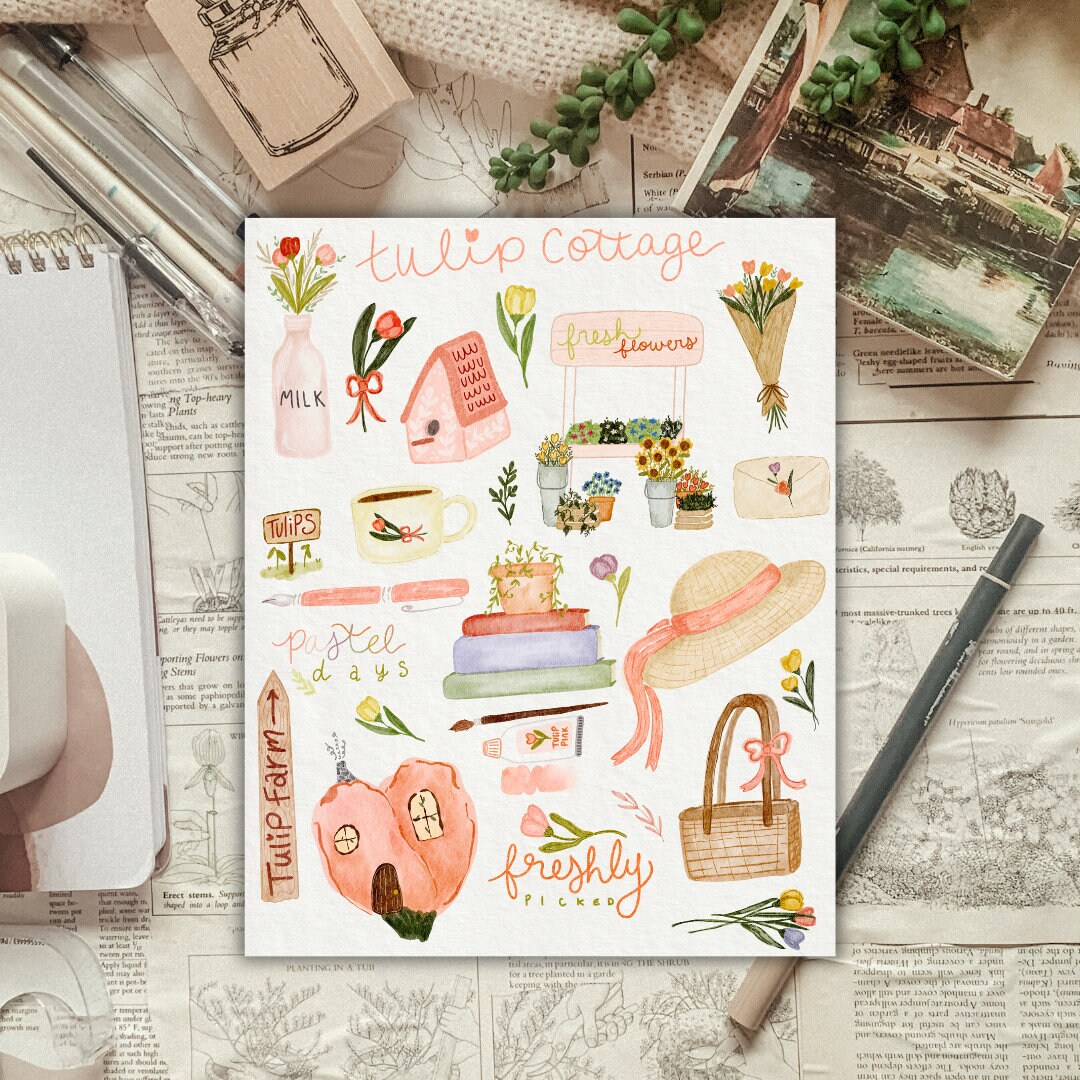 Tulip Cottage Aesthetic Sticker Sheet for Planners and Journals, Cozy ...