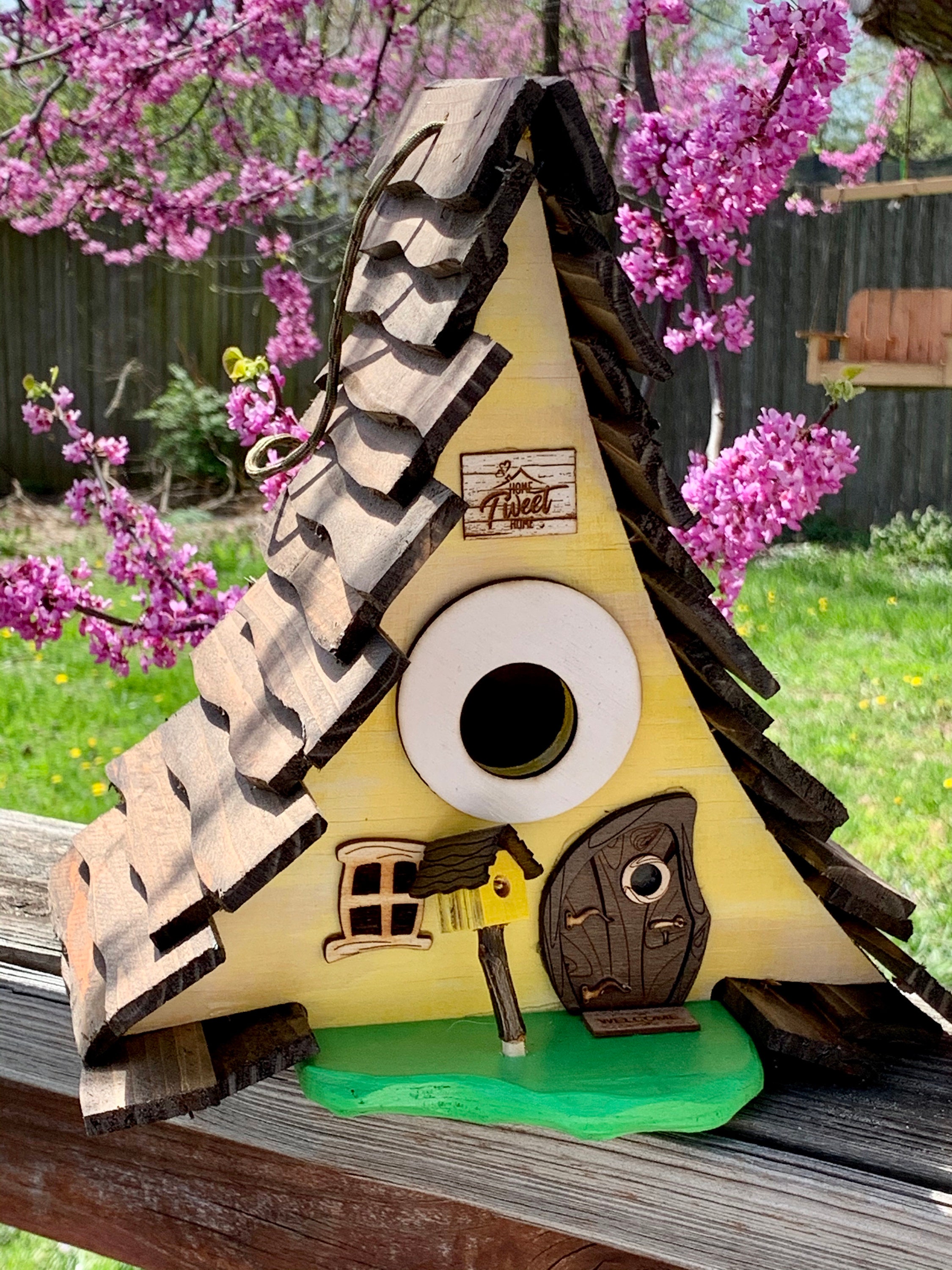 A-frame yellow Rustic Birdhouse / Whimsical Birdhouse / | Etsy