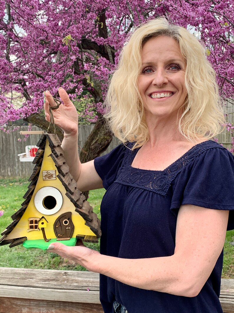 A-frame yellow Rustic Birdhouse / Whimsical Birdhouse / | Etsy