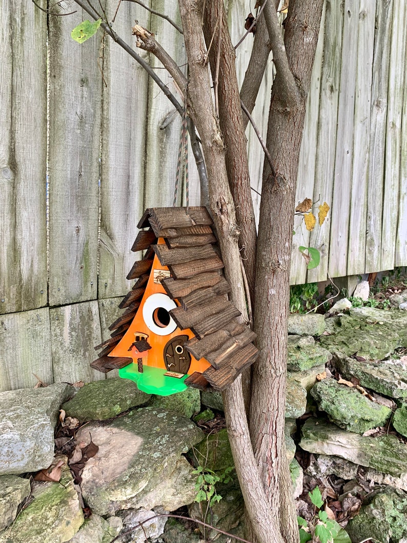Fall Orange Rustic A-frame Birdhouse / Whimsical Birdhouse / - Etsy