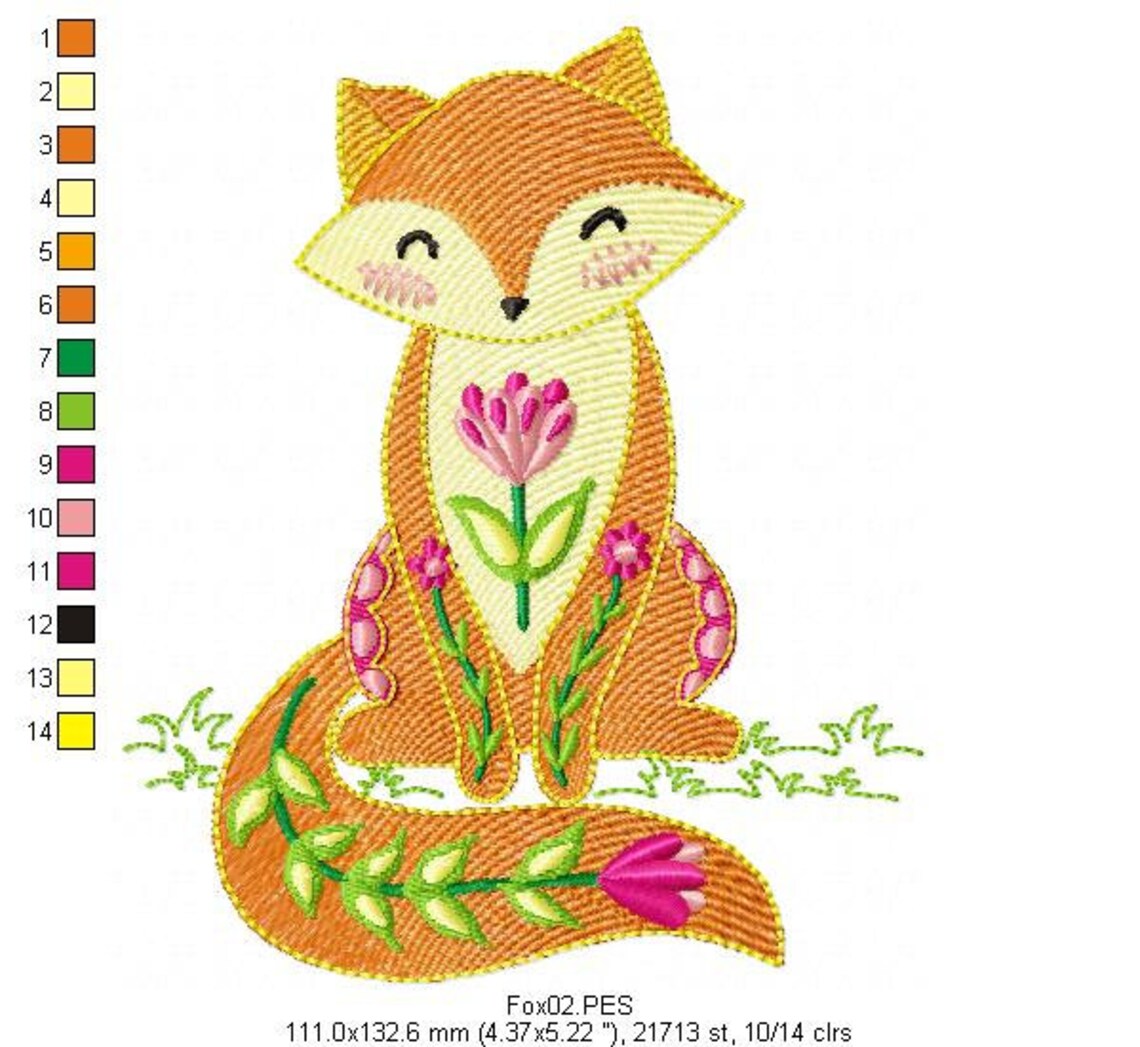Cute Flower Fox Fill Stitch Machine Embroidery Design | Etsy