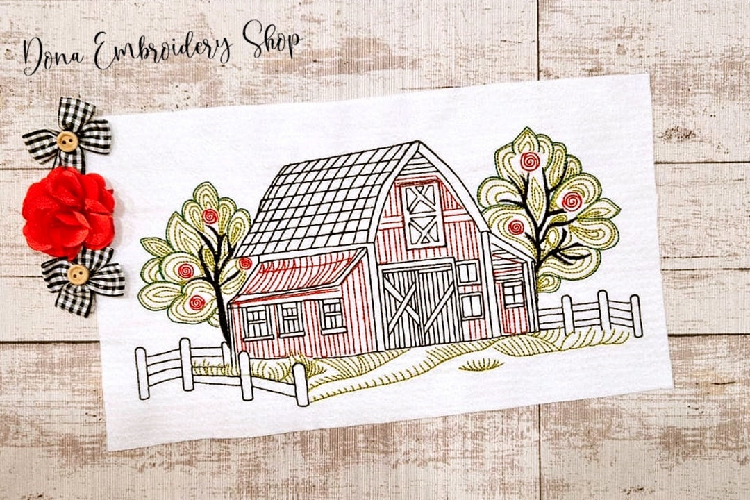 Barn With Trees Redwork Machine Embroidery Design, Embroidery Files ...
