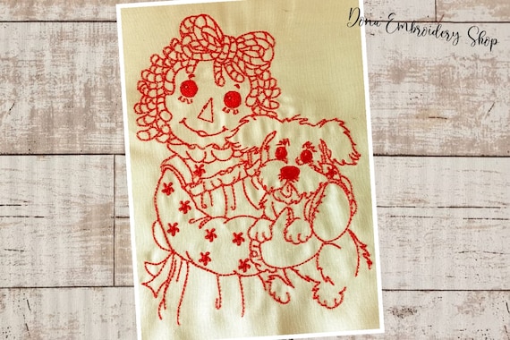 Raggedy Doll With Dog Redwork Machine Embroidery Design - Etsy