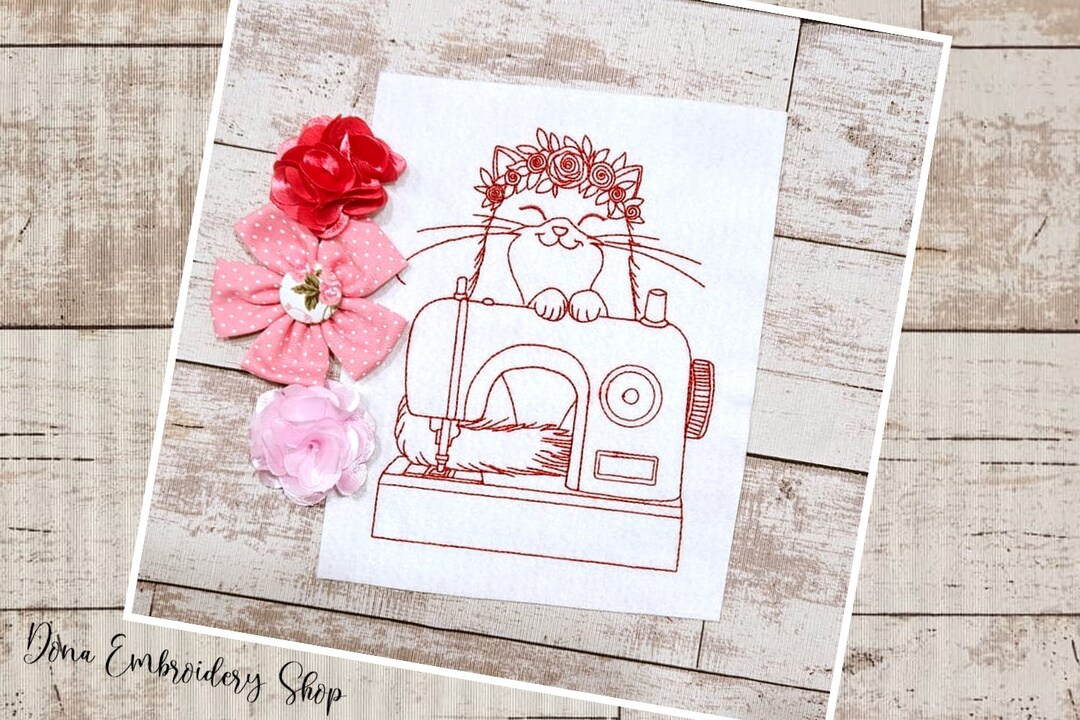 Cute Cat in the Sewing Machine Redwork Machine Embroidery Design ...