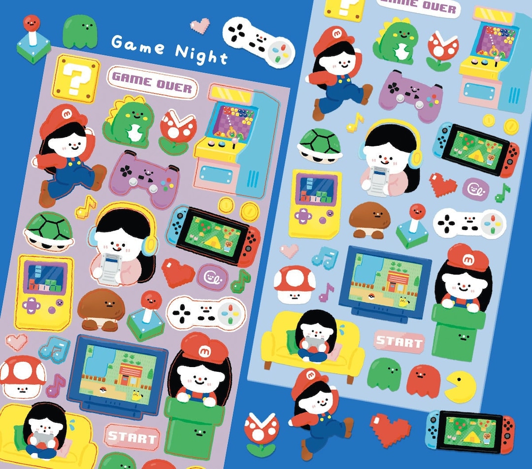 Game Night Sticker Sheet Retro Games Stickers Gift for Gamers Game Over ...