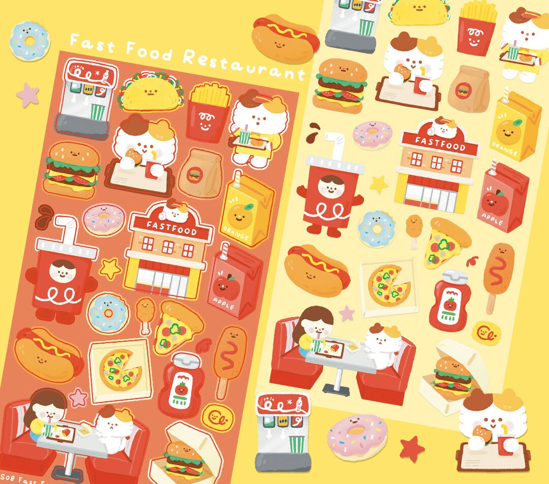 Cute Fast Food Sticker Sheet Fries Burger Pizza Hotdog Donut - Etsy