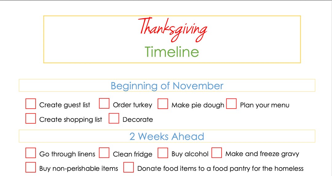 Thanksgiving Timeline Template | Holiday Organization Binder - Etsy