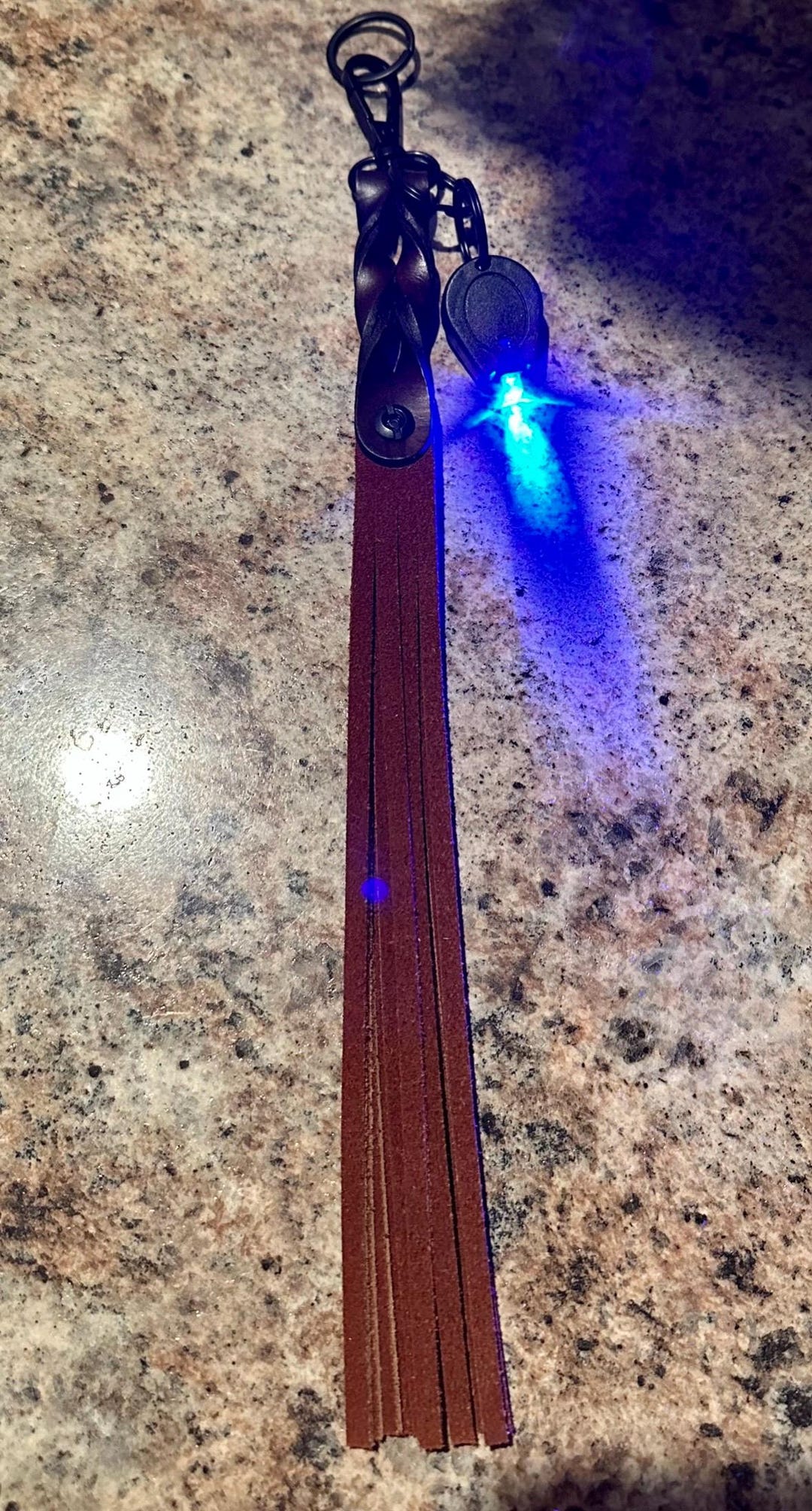 Leather Twisted Ribbons Keychain With Suede Fringe and Blue LED Light ...