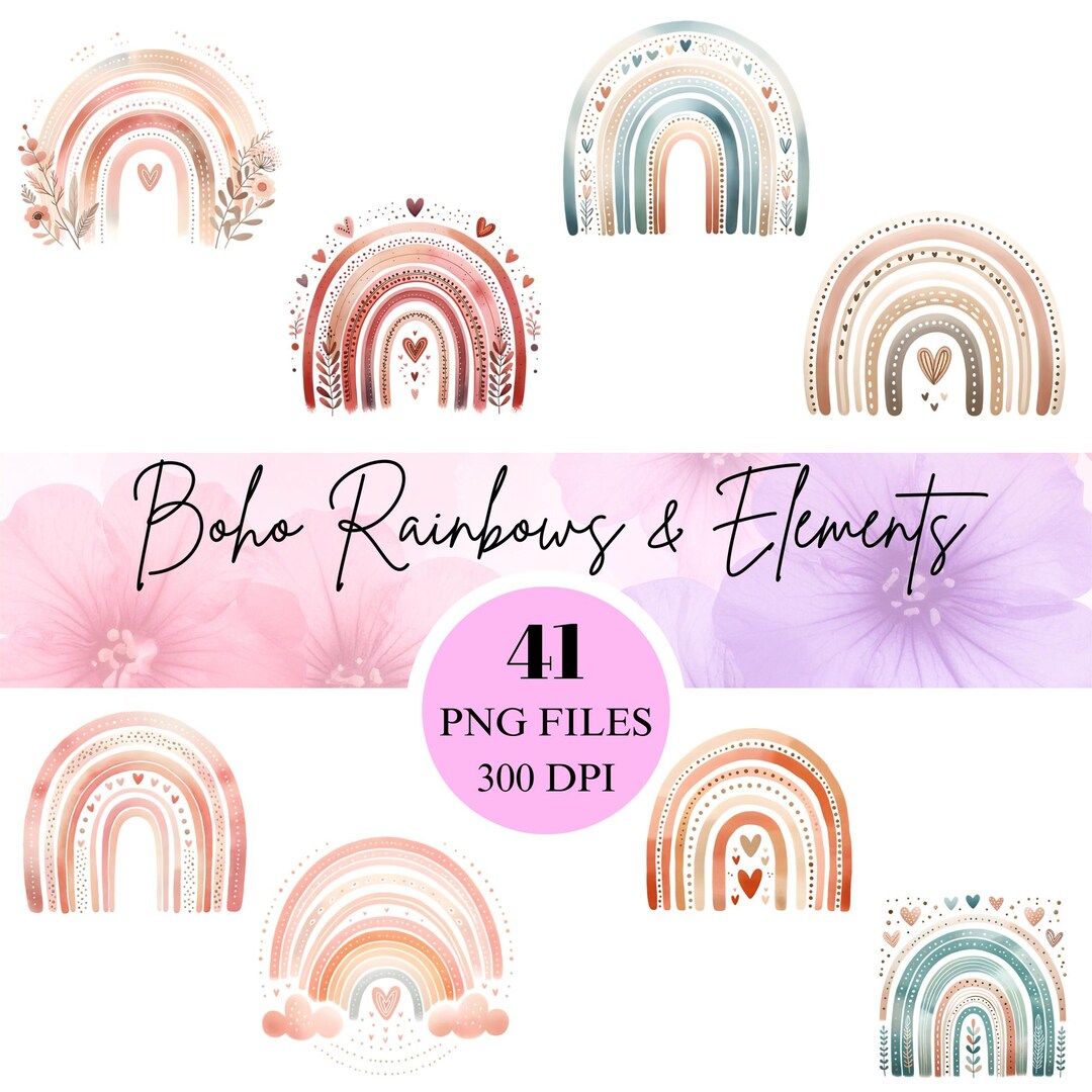 Boho Rainbow Clipart Bundle | 41 PNG Files | Neutral Pastel Nursery Art ...