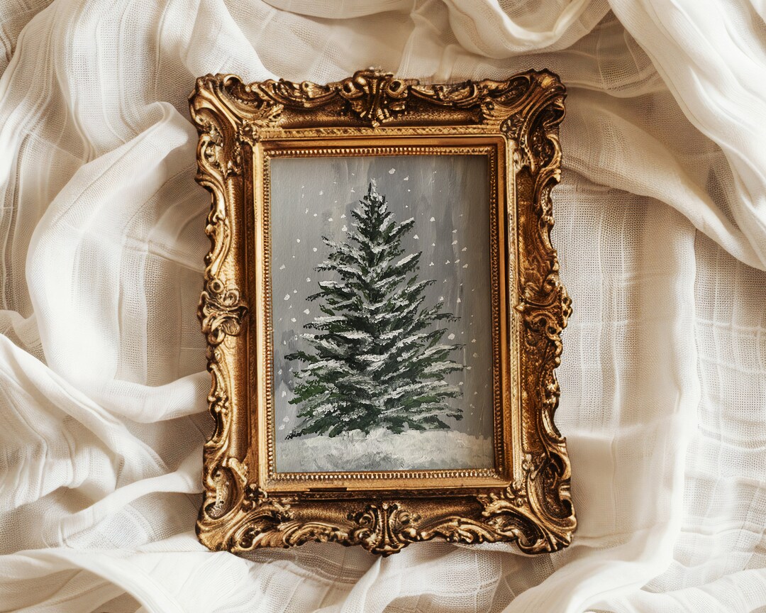 Christmas Tree Original Oil Painting Print Art Winter Pine Tree Snow ...