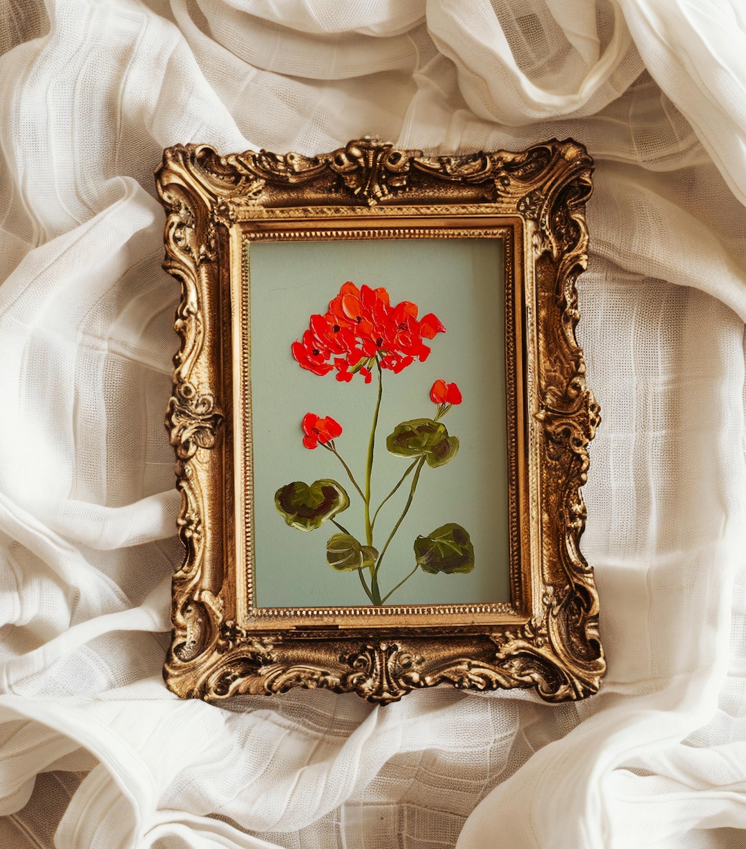 Red Geranium Oil Painting Textured Olive Green Art – Red Flower Impasto ...