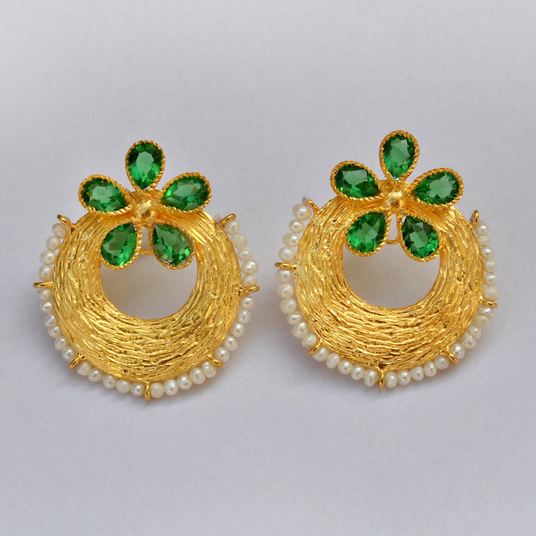 Gold Plated 925 Silver Chand Bali Earrings: Pearl & Green Stone Indian ...