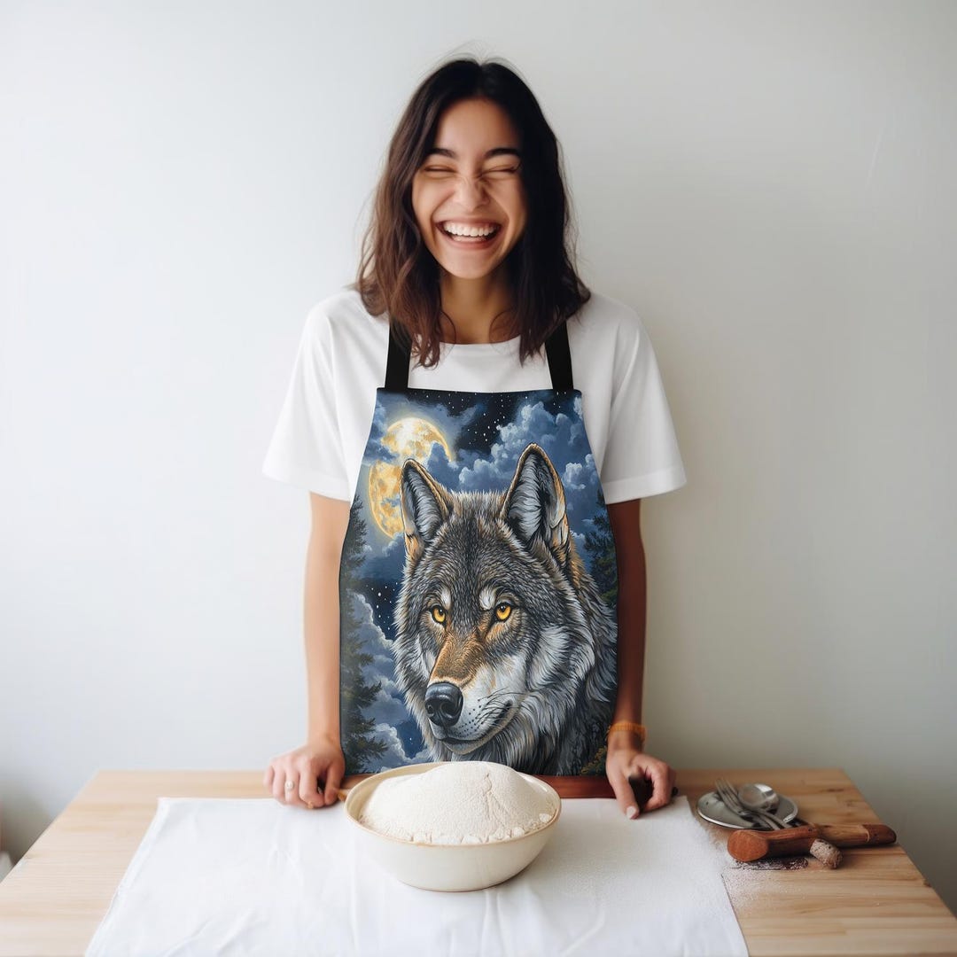 Wolf Apron Without Pocket for Adults and Kids, Adjustable Kitchen Apron ...