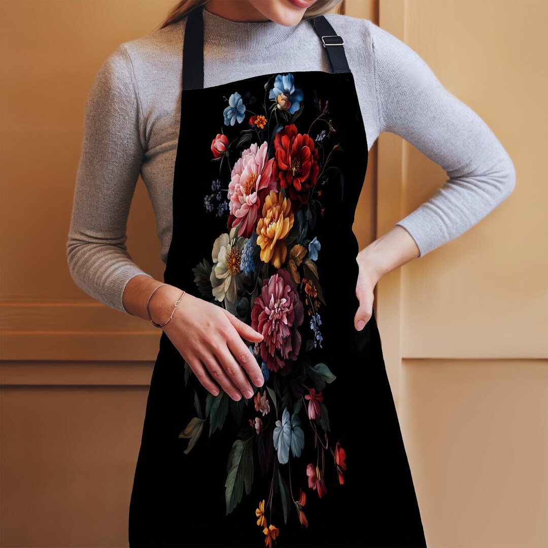 Elegant Floral Kitchen Apron for Adults – Black Apron With Colorful ...