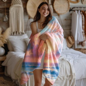 Sunset Beach Blanket - Vibrant Ocean and Sky Print - Cozy and Warm ...