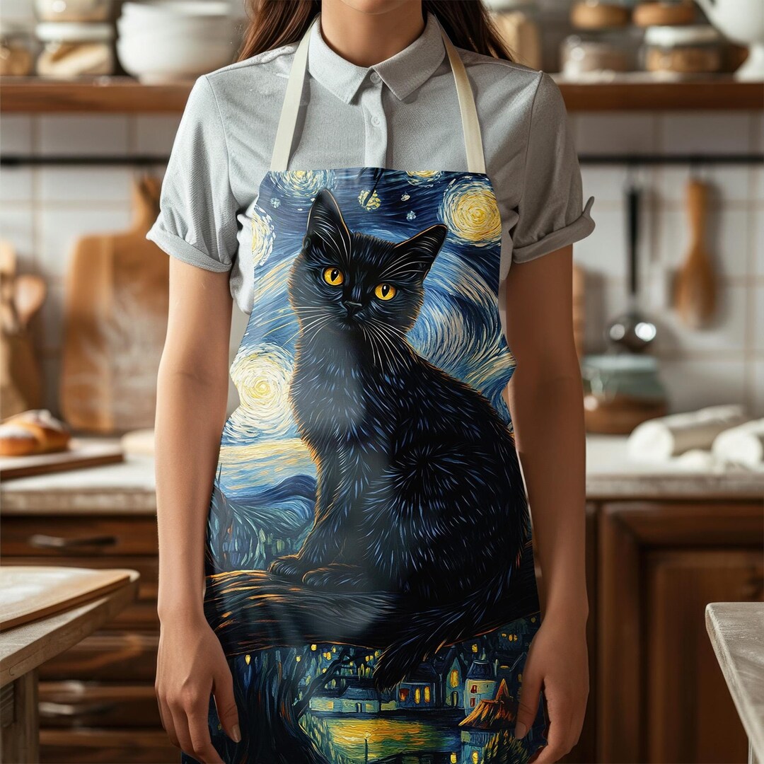 Starry Night Black Cat Apron for Kitchen, Artistic Cooking Apron With ...