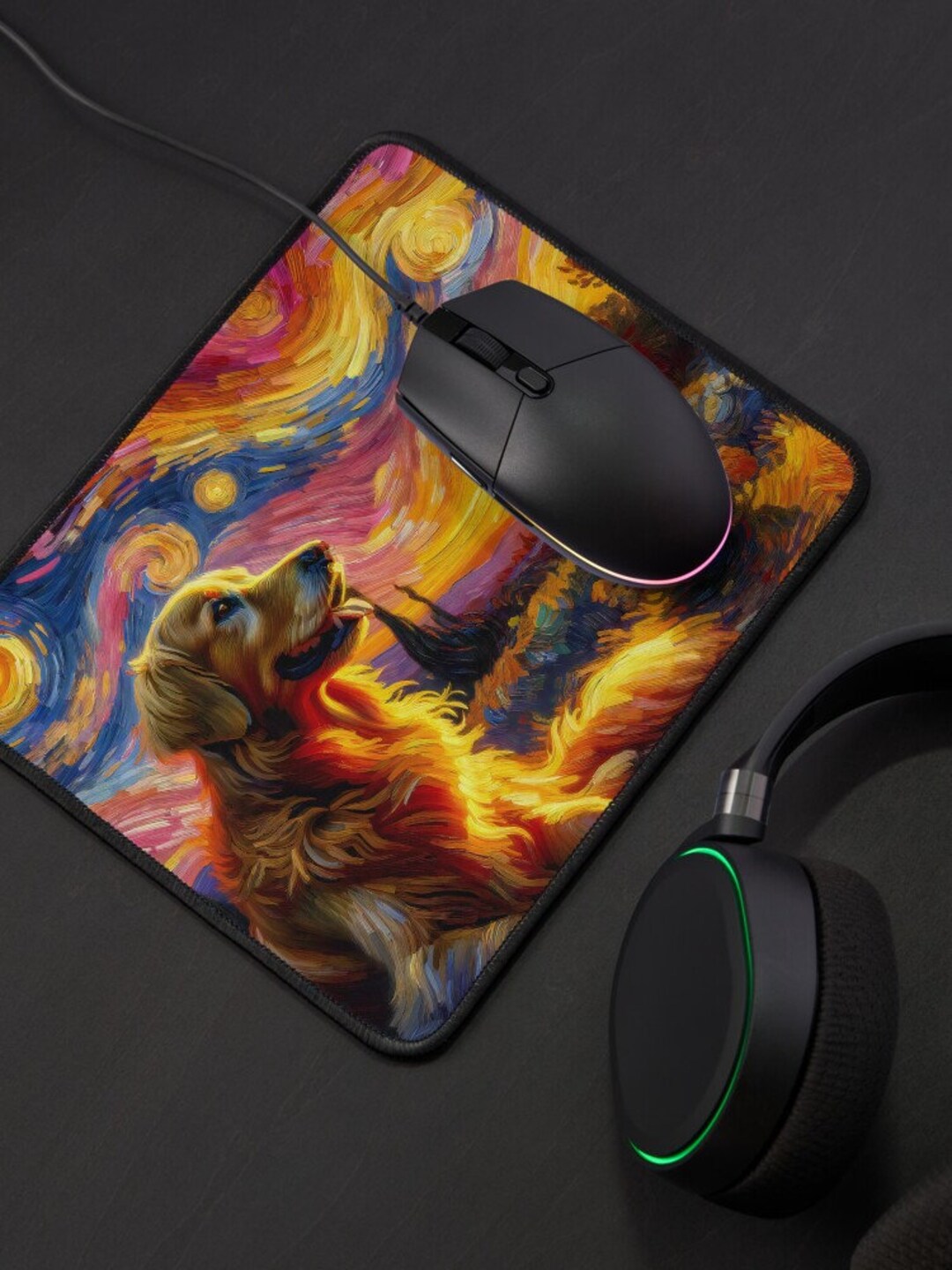 Van Gogh-inspired Golden Retriever Mouse Pad - Artistic Desk Accessory ...