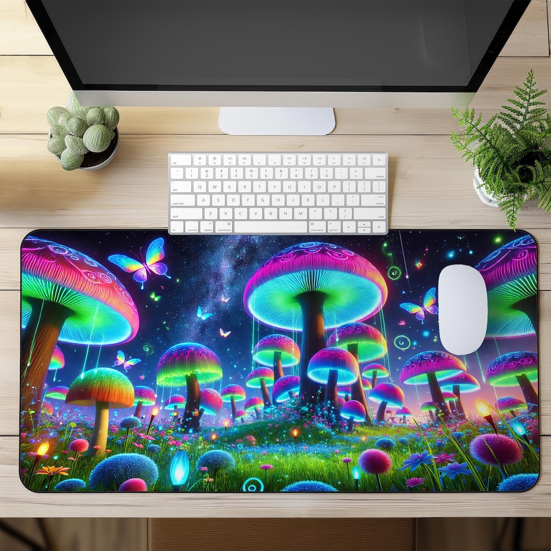 Glowing Neon Mushroom Desk Mat – Vibrant Gaming Mouse Pad With Fantasy ...