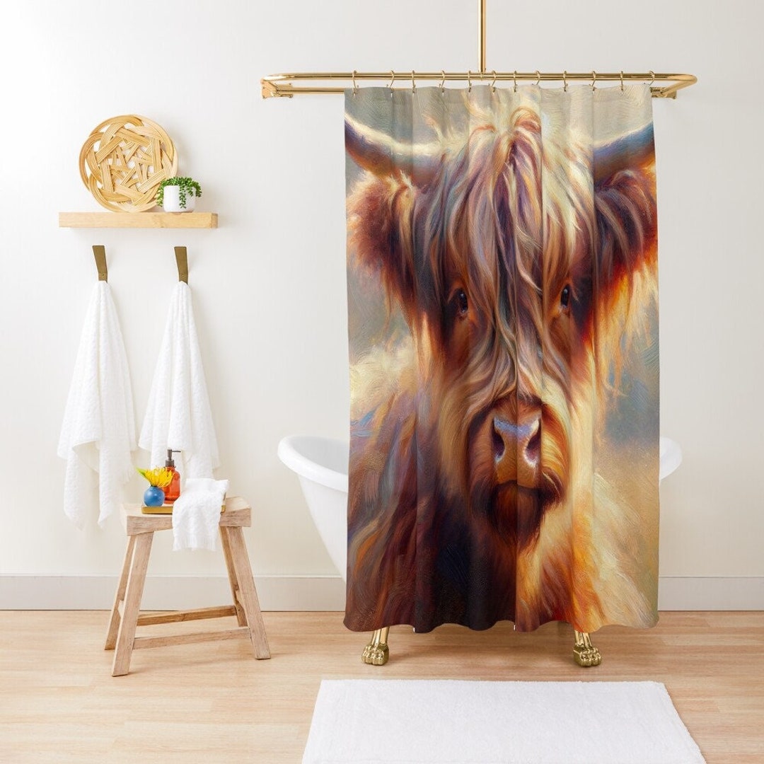 Artistic Highland Cow Shower Curtain Vibrant Bathroom Decor, Waterproof ...
