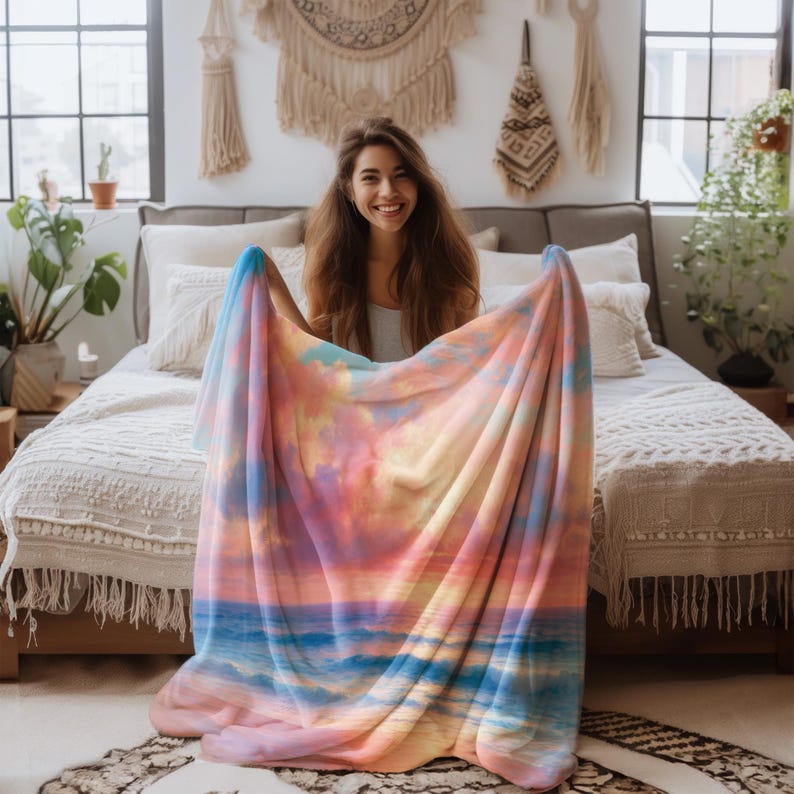 Sunset Beach Blanket - Vibrant Ocean and Sky Print - Cozy and Warm ...