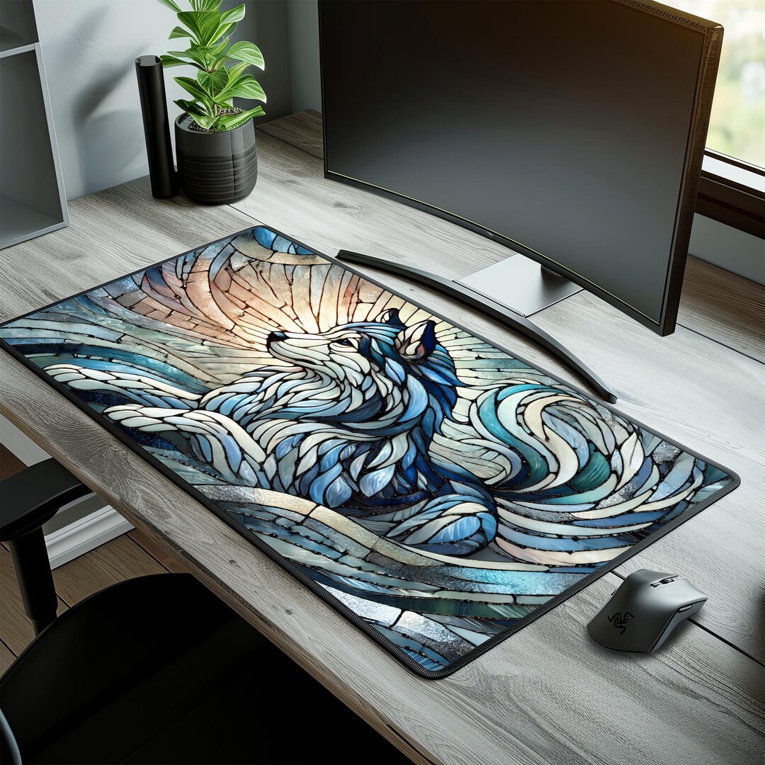 Stained Glass Wolf Desk Mat - Large Artistic Mouse Pad for Gaming ...