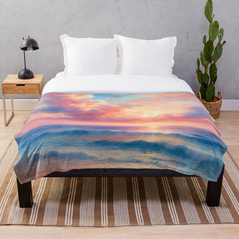 Sunset Beach Blanket - Vibrant Ocean and Sky Print - Cozy and Warm ...