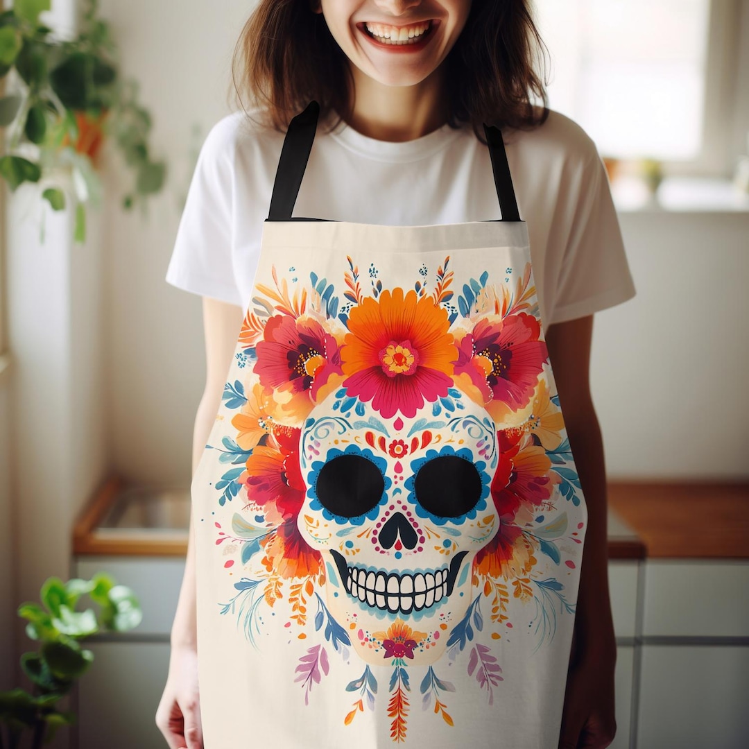 Colorful Sugar Skull Apron Day of the Dead Kitchen Apron Vibrant Floral ...