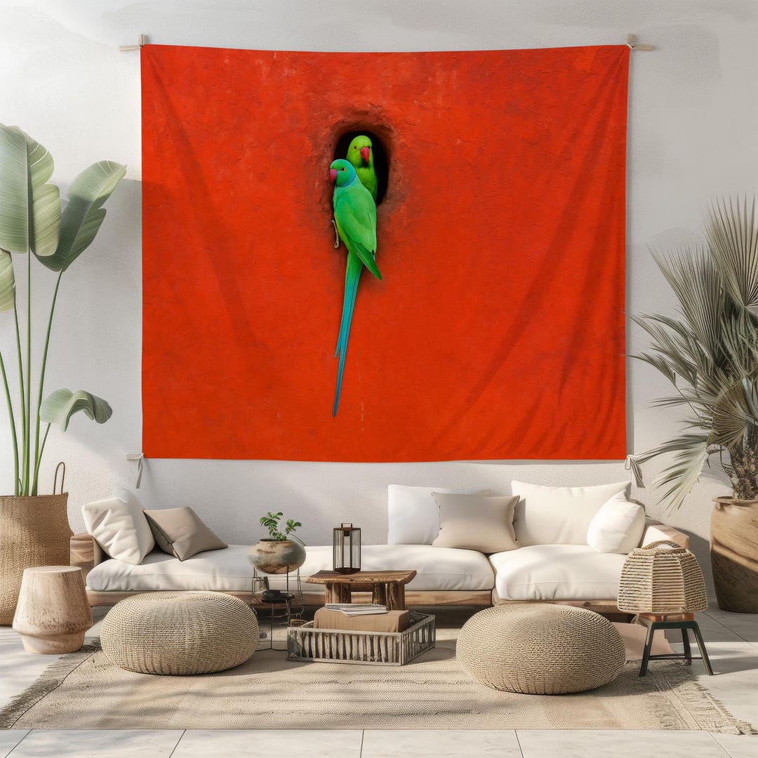 Vibrant Green Parrots on Red Wall Tapestry – Bold Wildlife Photography ...