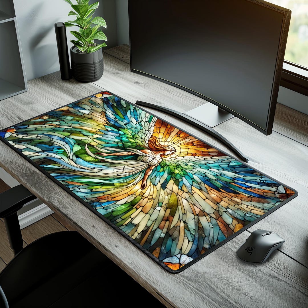 Stained Glass Angel Desk Mat - XXL Gaming Mousepad - Large Office Desk ...