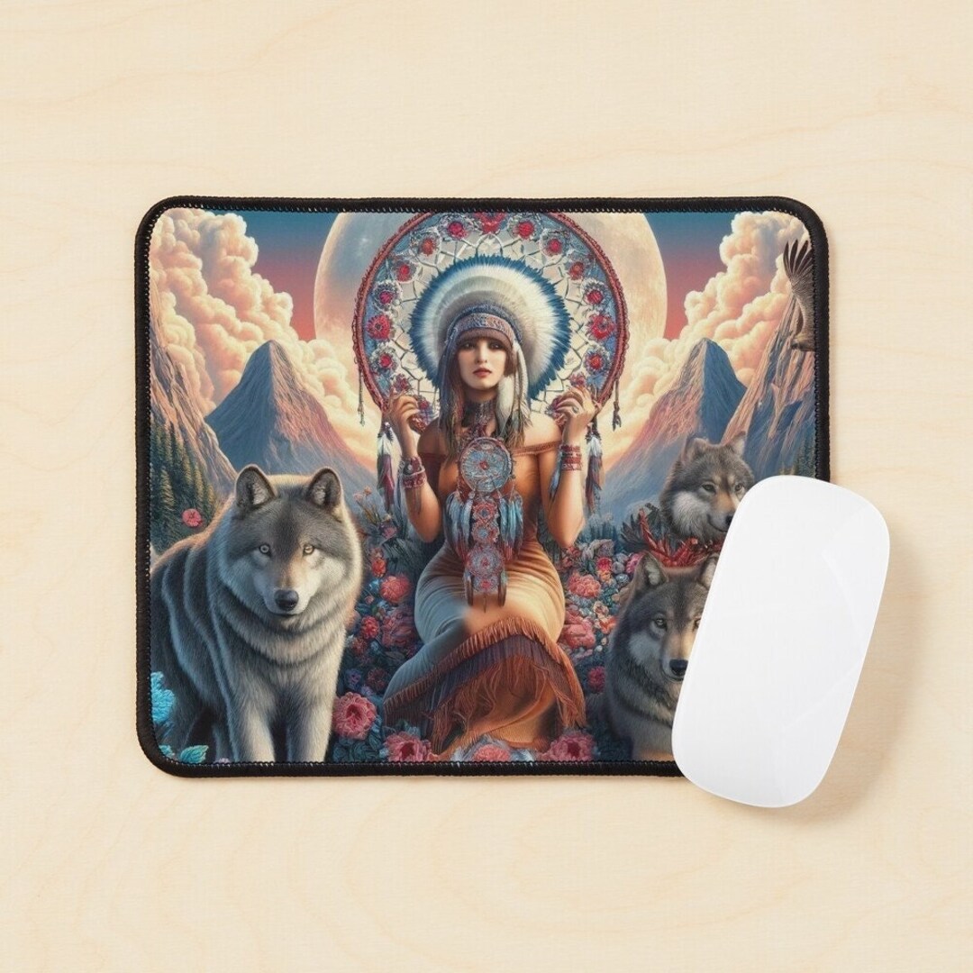 Native American Woman and Wolves Mouse Pad Ethereal Art Print Smooth ...