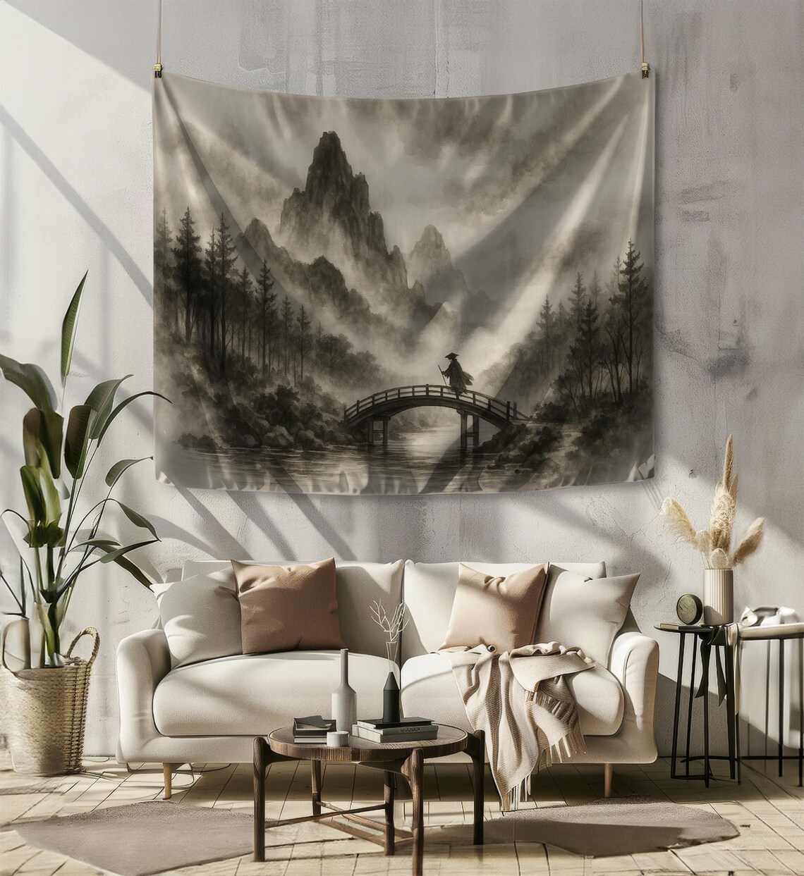 Samurai Bridge Tapestry in Japanese Ink Style – Minimalist Monochrome ...
