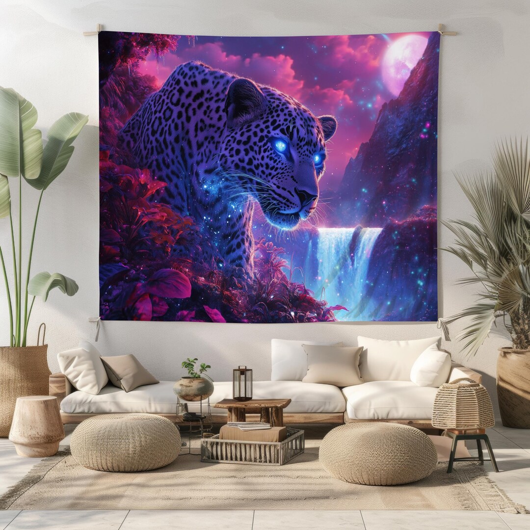 Mystical Leopard Tapestry, Fantasy Animal Wall Hanging, Waterfall ...