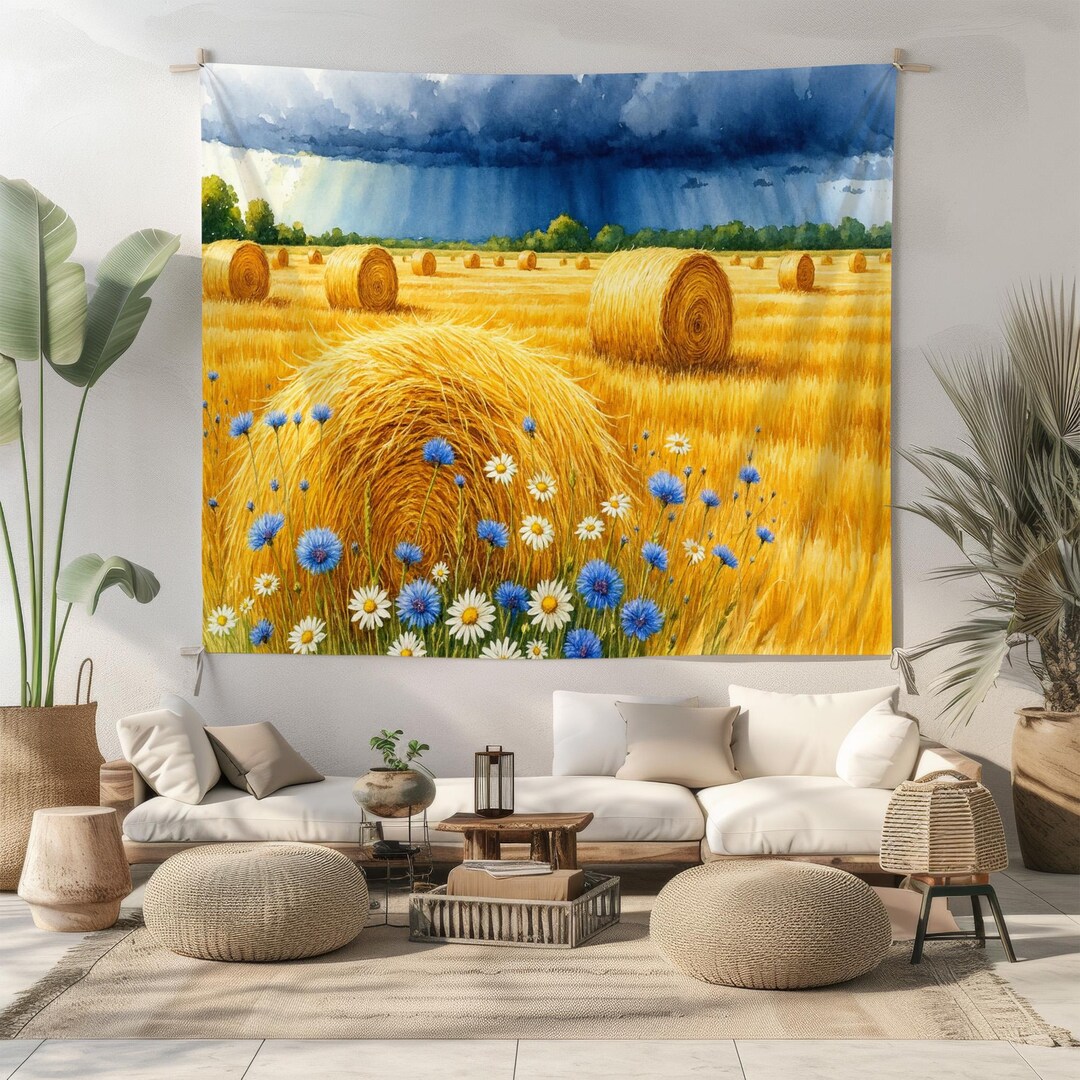 Rustic Hayfield Tapestry Wall Art – Golden Wheat Landscape With Blue ...