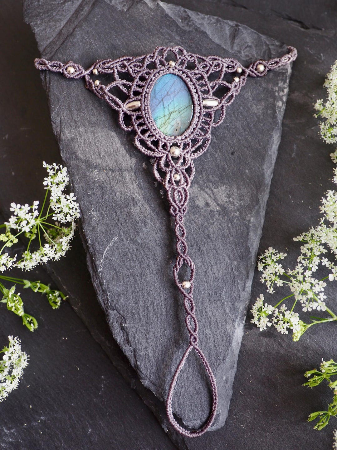 Gray Macrame Slave Bracelet | Pastel Blue Green Labradorite | Hand ...