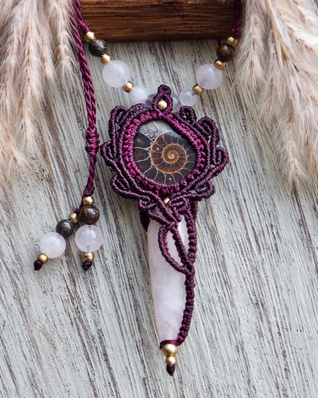Cute Macrame Necklace Ammonite Rose Quartz Brass One of a Kind Unique ...