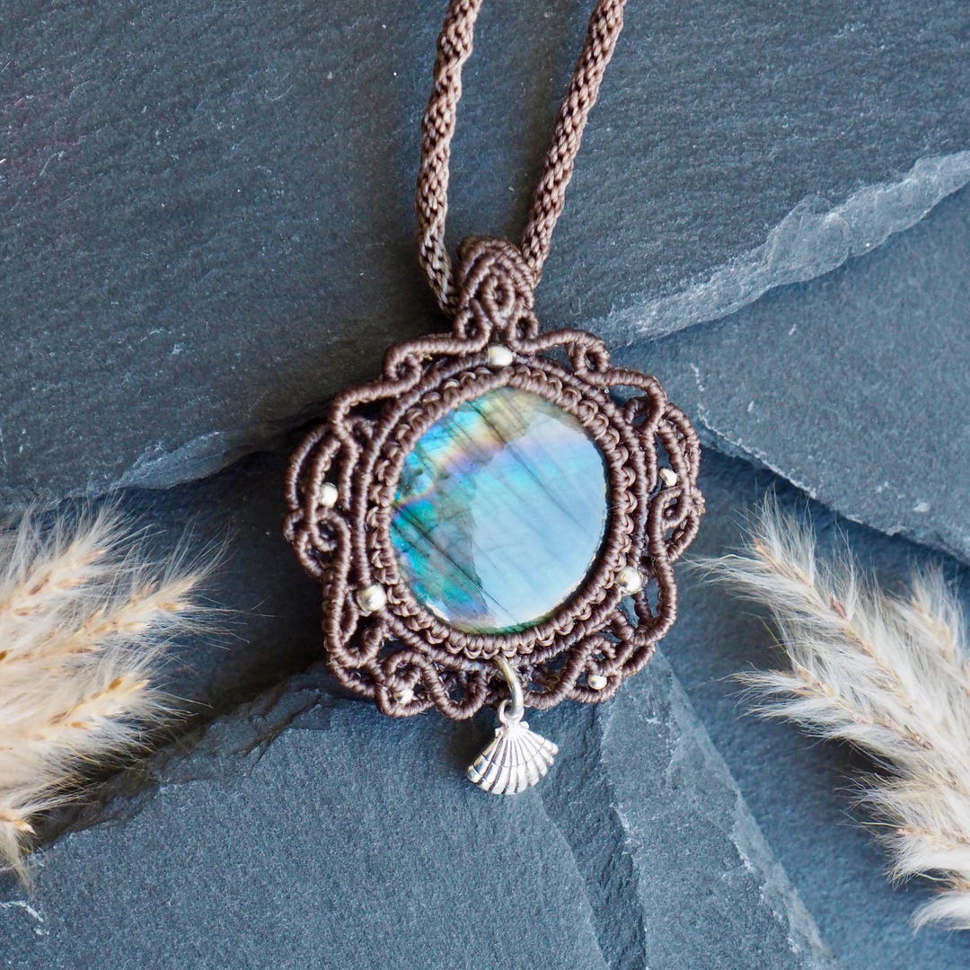Boho Macrame Necklace | Colorful Round Labradorite | Silver Filled ...