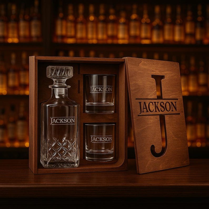 Personalized Whiskey Decanter Set With Wooden Box, Engraved Glassware ...
