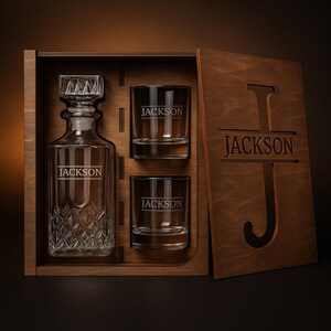 Personalized Whiskey Decanter Set With Wooden Box, Engraved Glassware ...