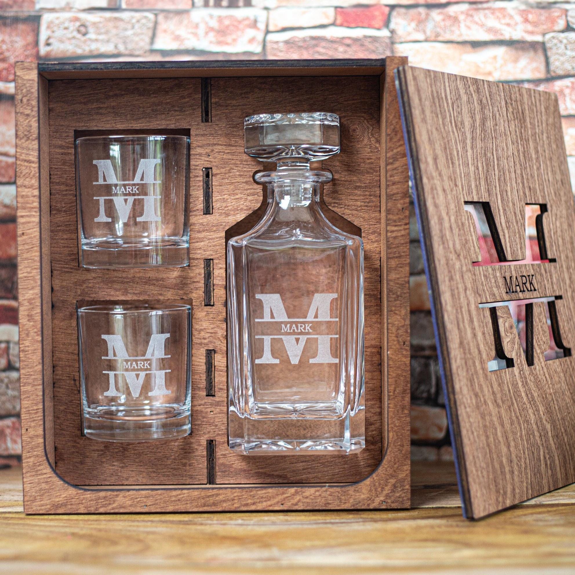 Personalized Whiskey Decanter Set With Wooden Box, Engraved Glassware ...