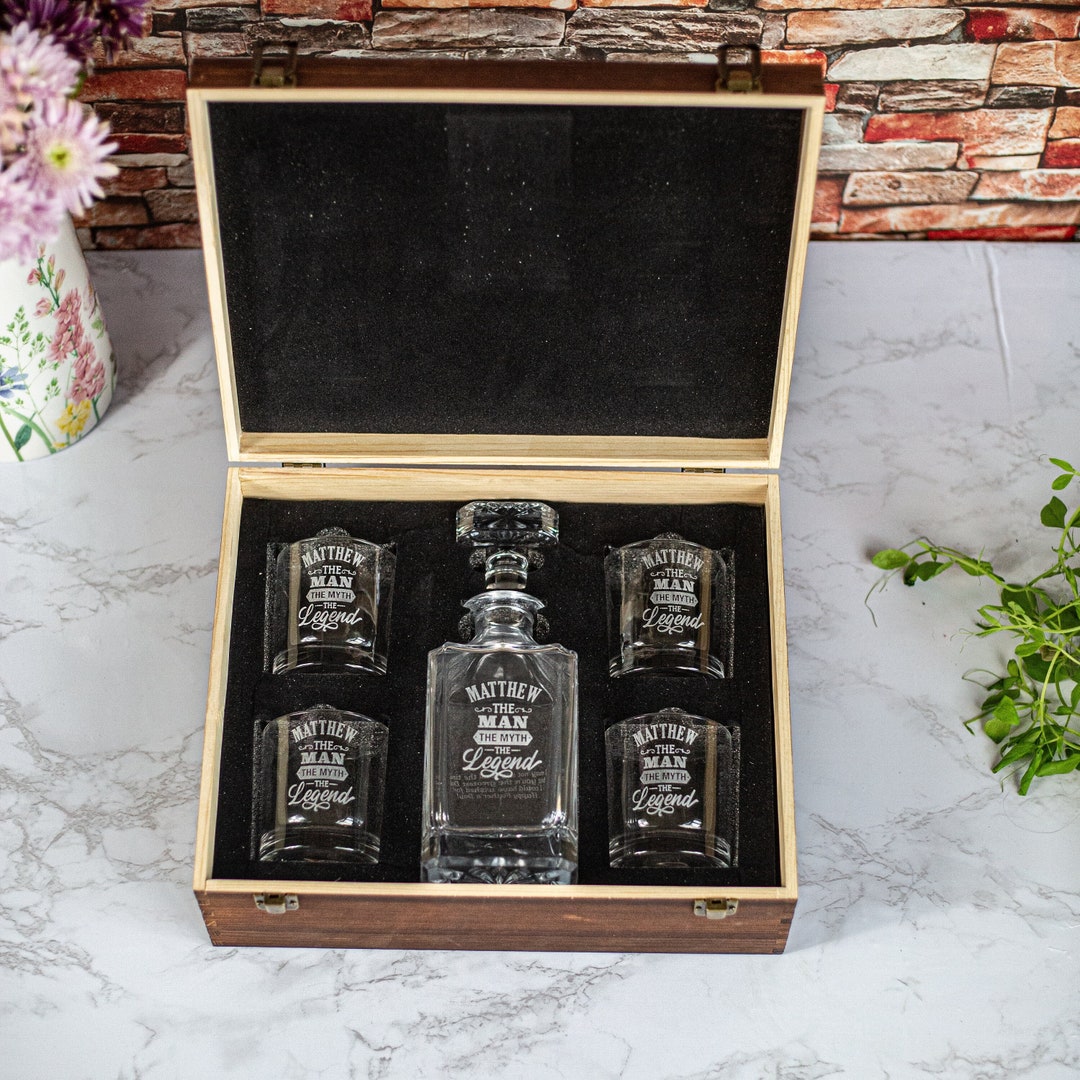 Personalized Whiskey Decanter Set: Engraved Barware Gift in Wood Box - Etsy