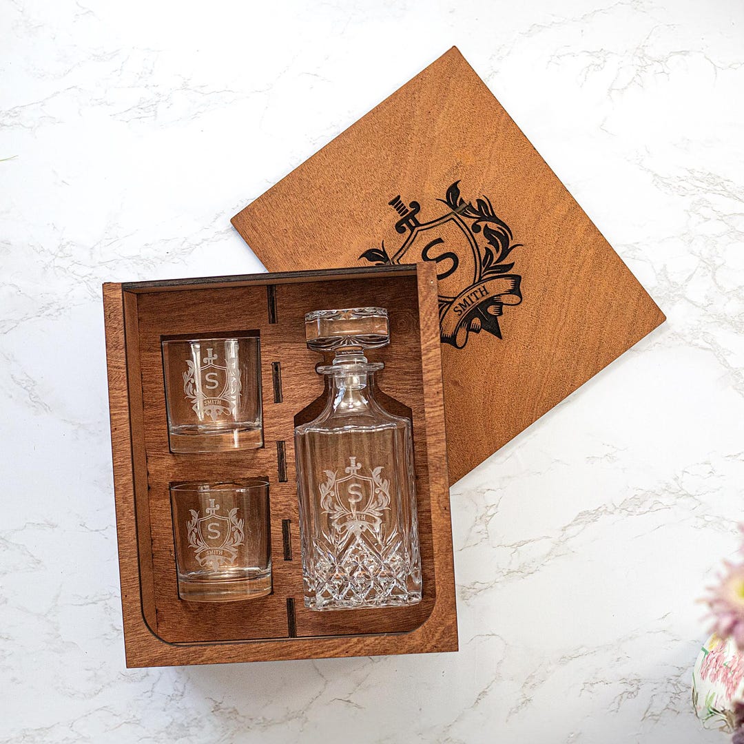 Personalized Whiskey Decanter Set: Engraved Glass With Wooden Box - Etsy