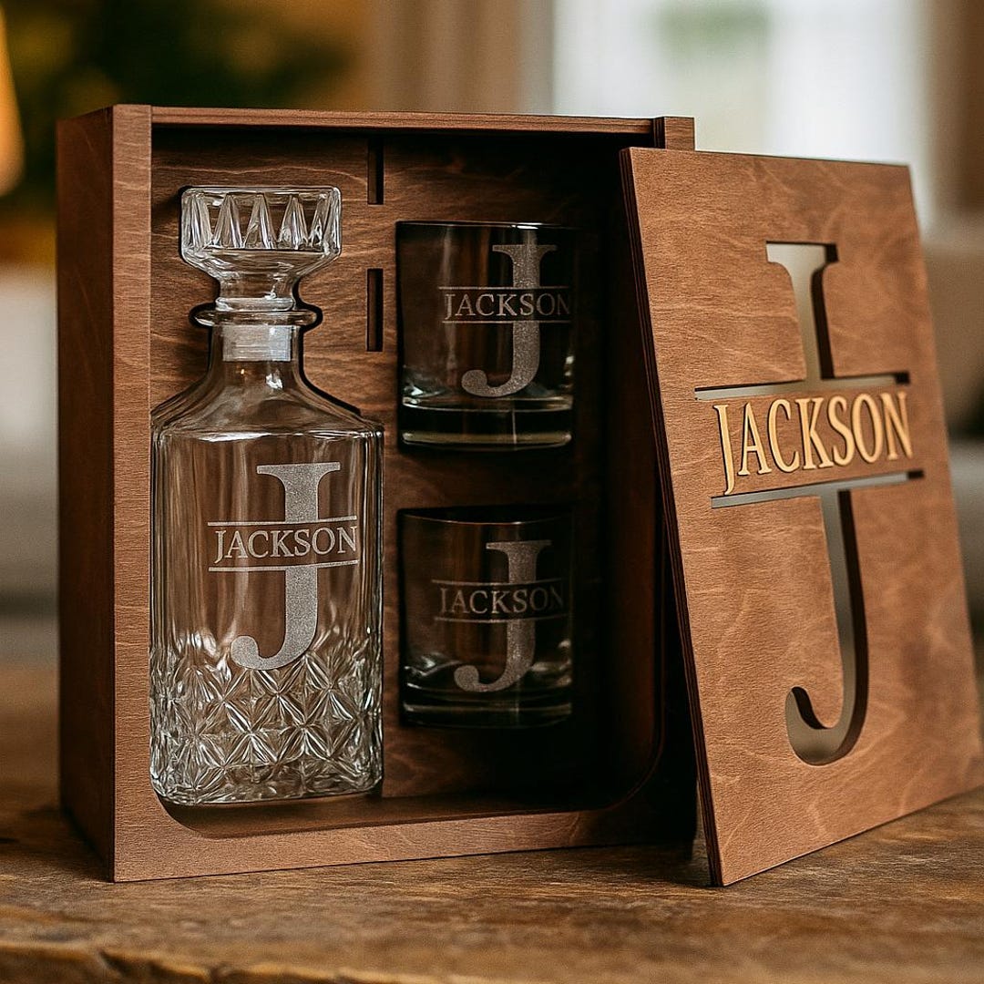 Personalized Whiskey Decanter Set, Engraved Glass With Wood Box - Etsy