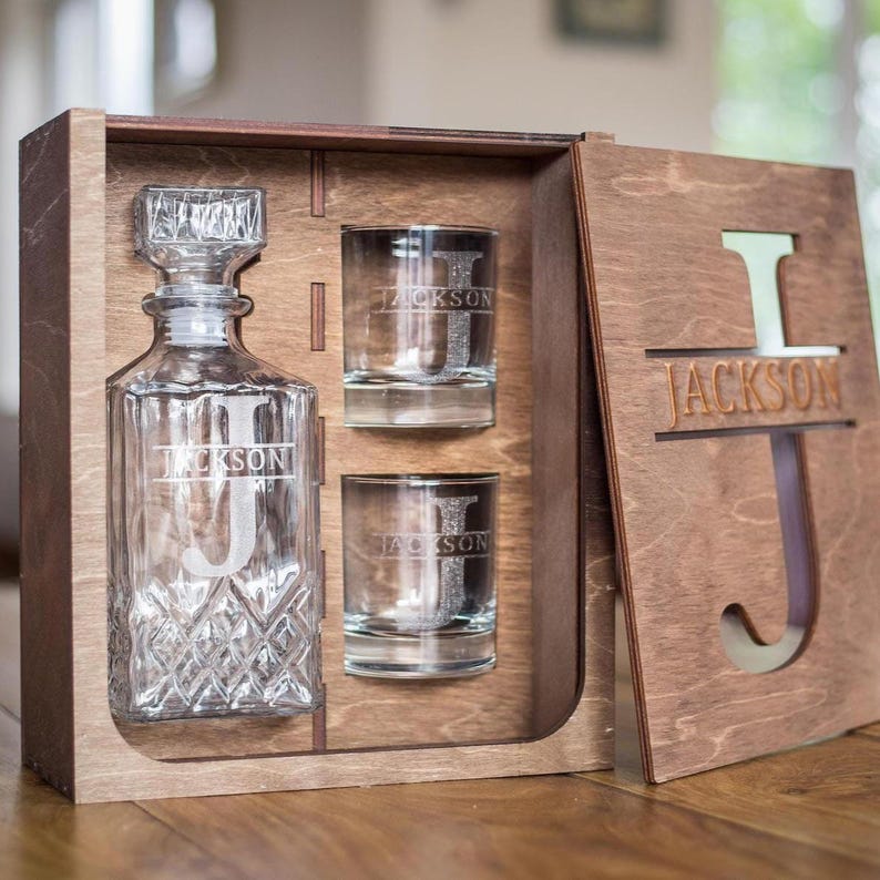 Personalized Whiskey Decanter Set With Wooden Box, Engraved Glassware ...