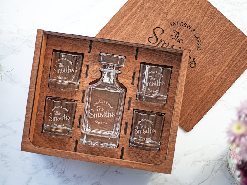 Personalized Whiskey Decanter Set With Wooden Box, Engraved Glassware ...