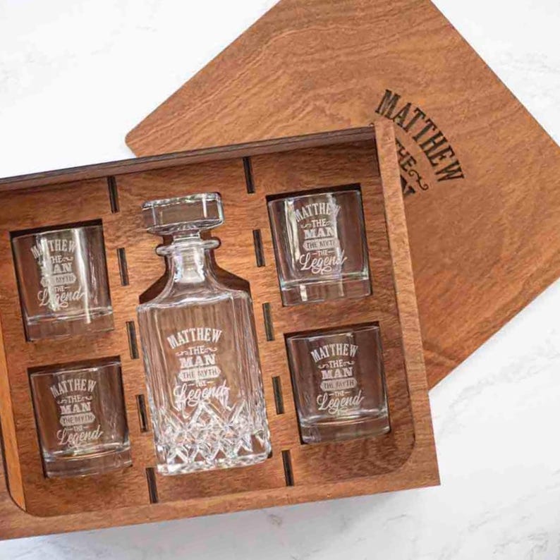 Personalized Whiskey Decanter Set With Wooden Box, Engraved Glassware ...