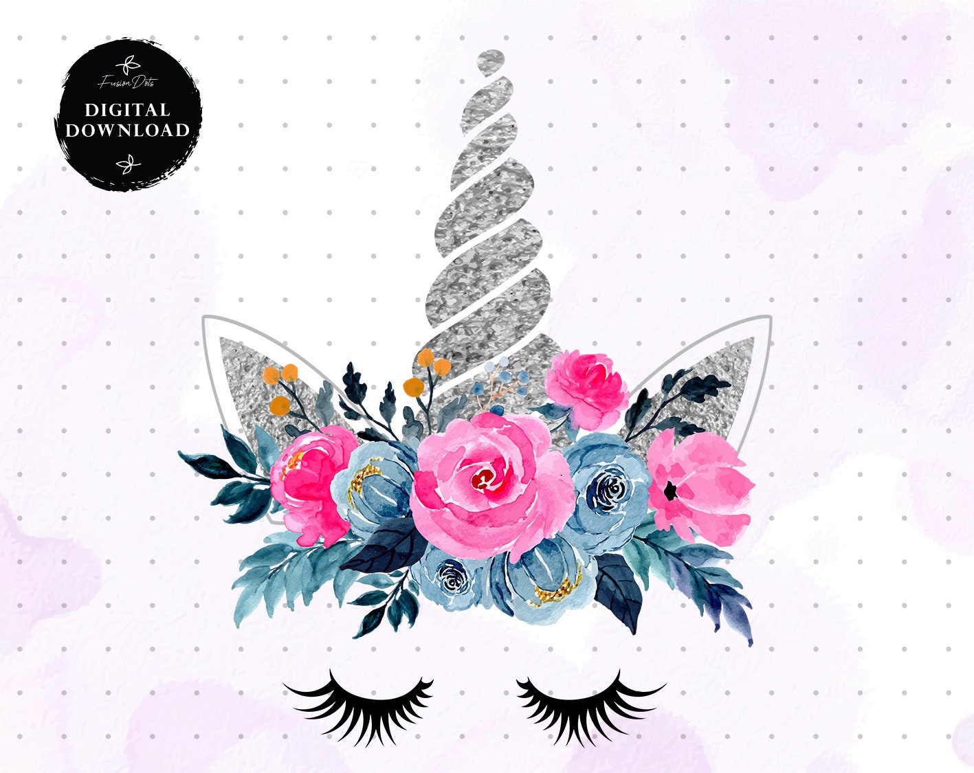 Silver Unicorn Clip Art, Glitter and Watercolor Unicorn Floral Clip Art ...