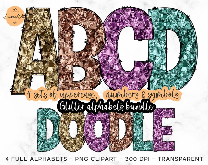 Rainbow Glitter Doodle Alphabet PNG, Sublimation Font (digital Download ...