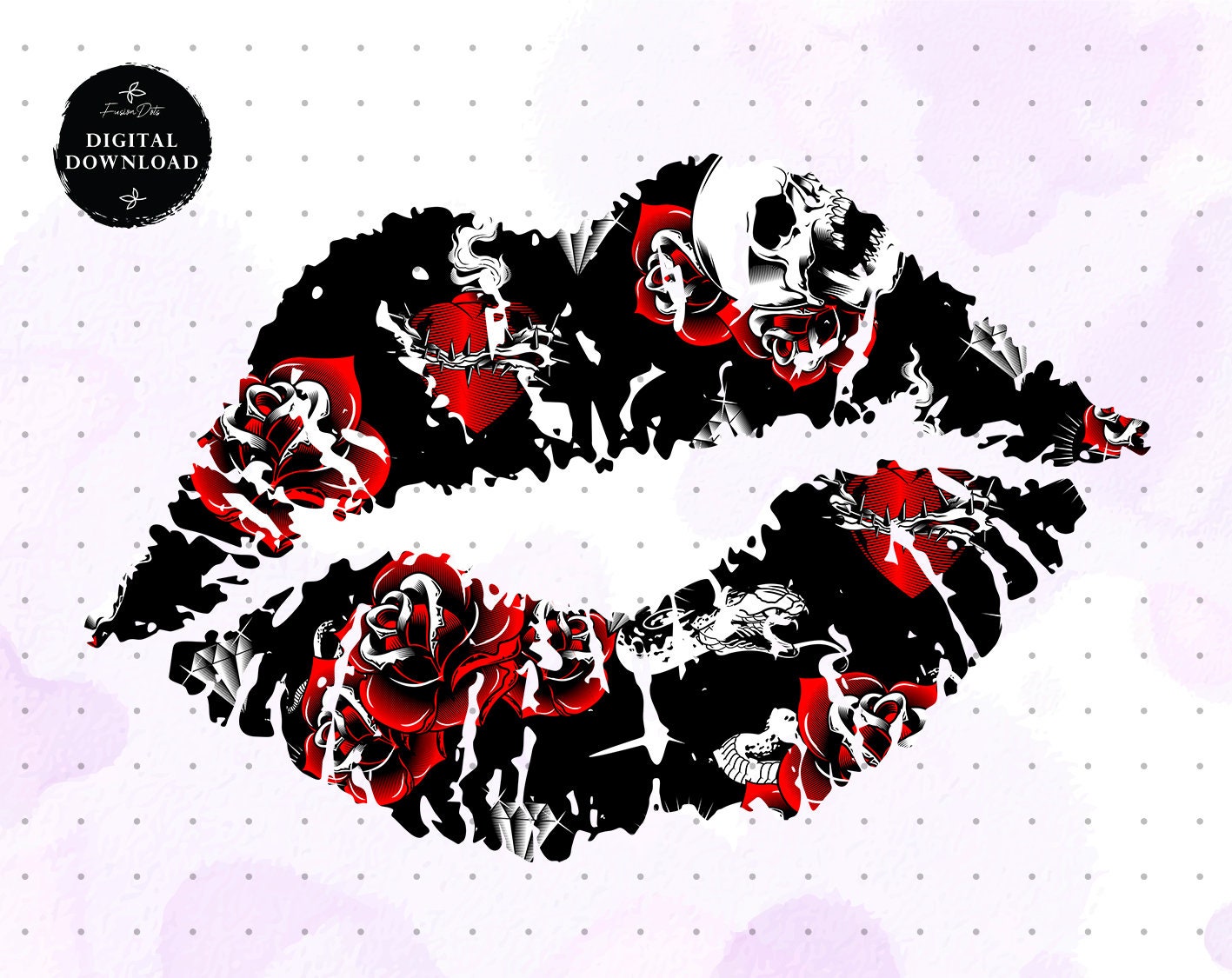 Tattoo Roses Lip Clipart, Clipart Roses Pattern Lips, Sublimation ...