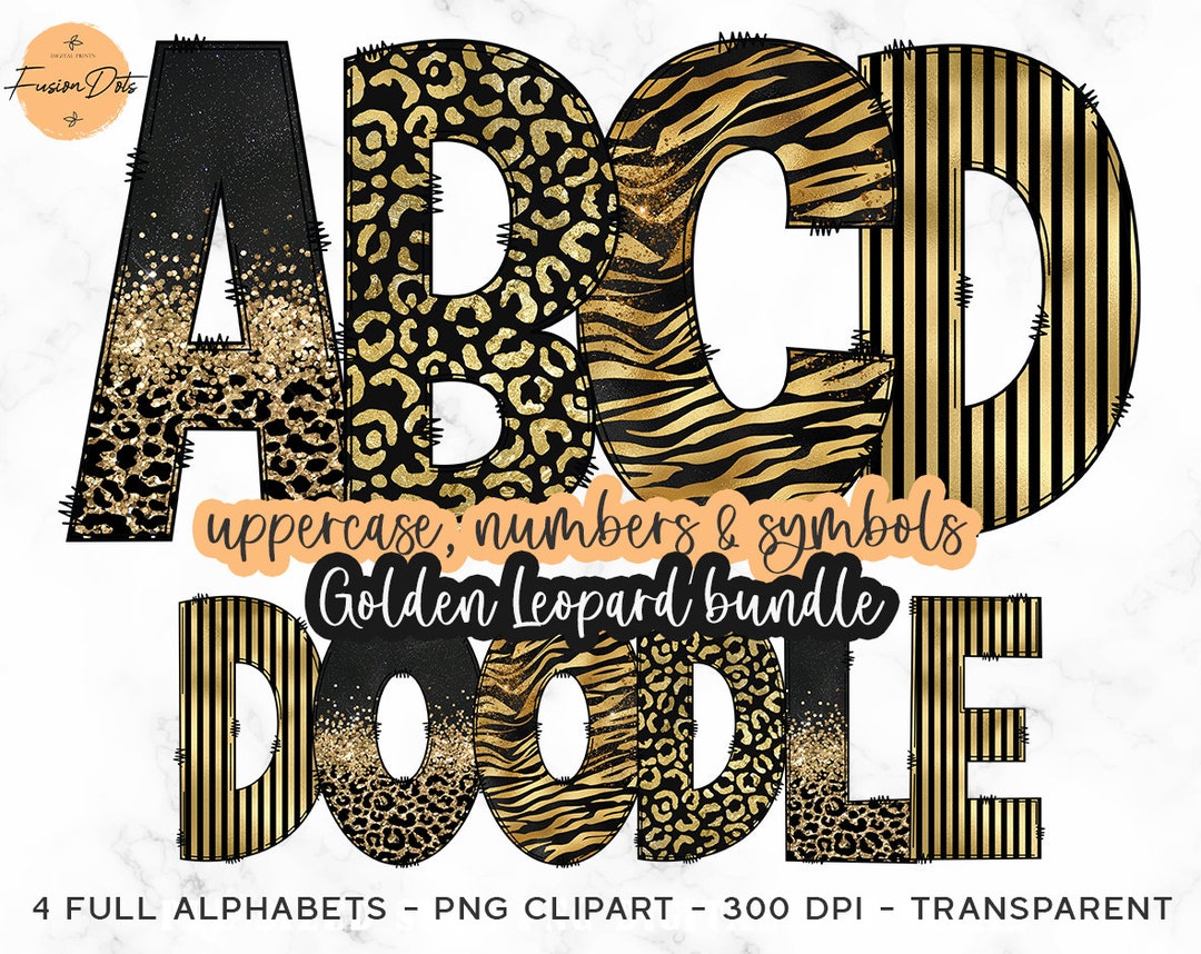 Leopard Doodle Letters, Gold Glitter Doodle Alphabet PNG, Animal Print ...