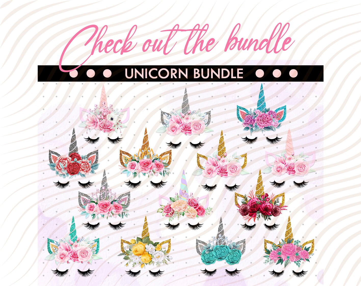 Glitter Unicorn Clipart, Pink Unicorn PNG, Watercolor Unicorn Floral ...